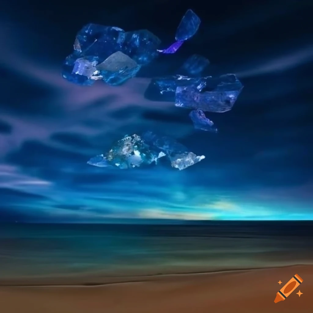 A serene beach at night adorned with glowing crystals and glass pebbles ...