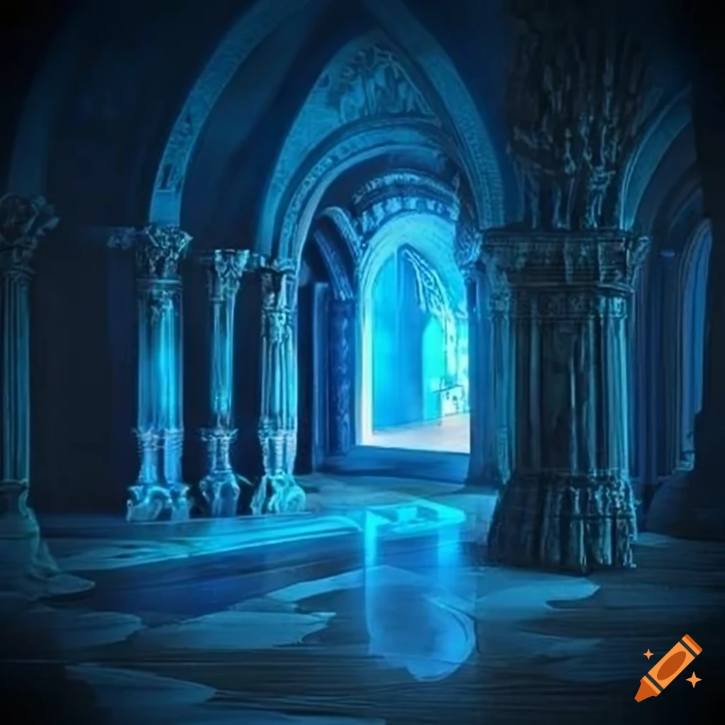 A blue palace, made of dark and light blue stones