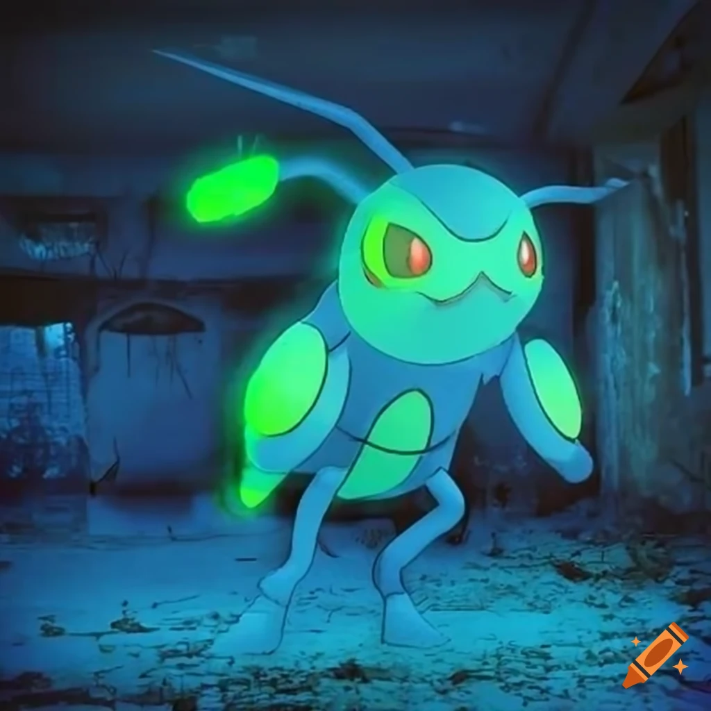 A glowing bug-type pokémon in an abandoned building on Craiyon