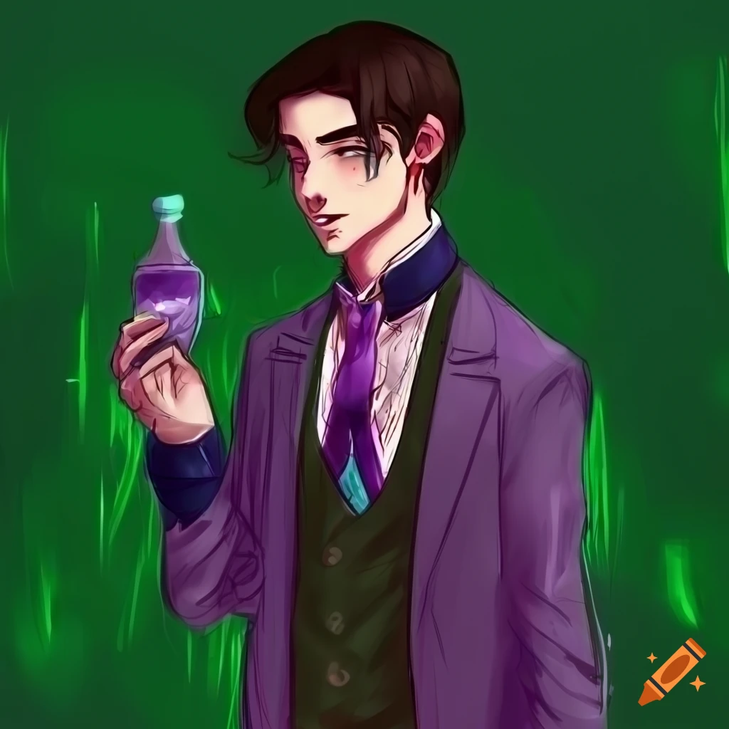 Young dr.jekyll fanart. male 20s, brunette, wearing green with purple mist coming from a potion ...