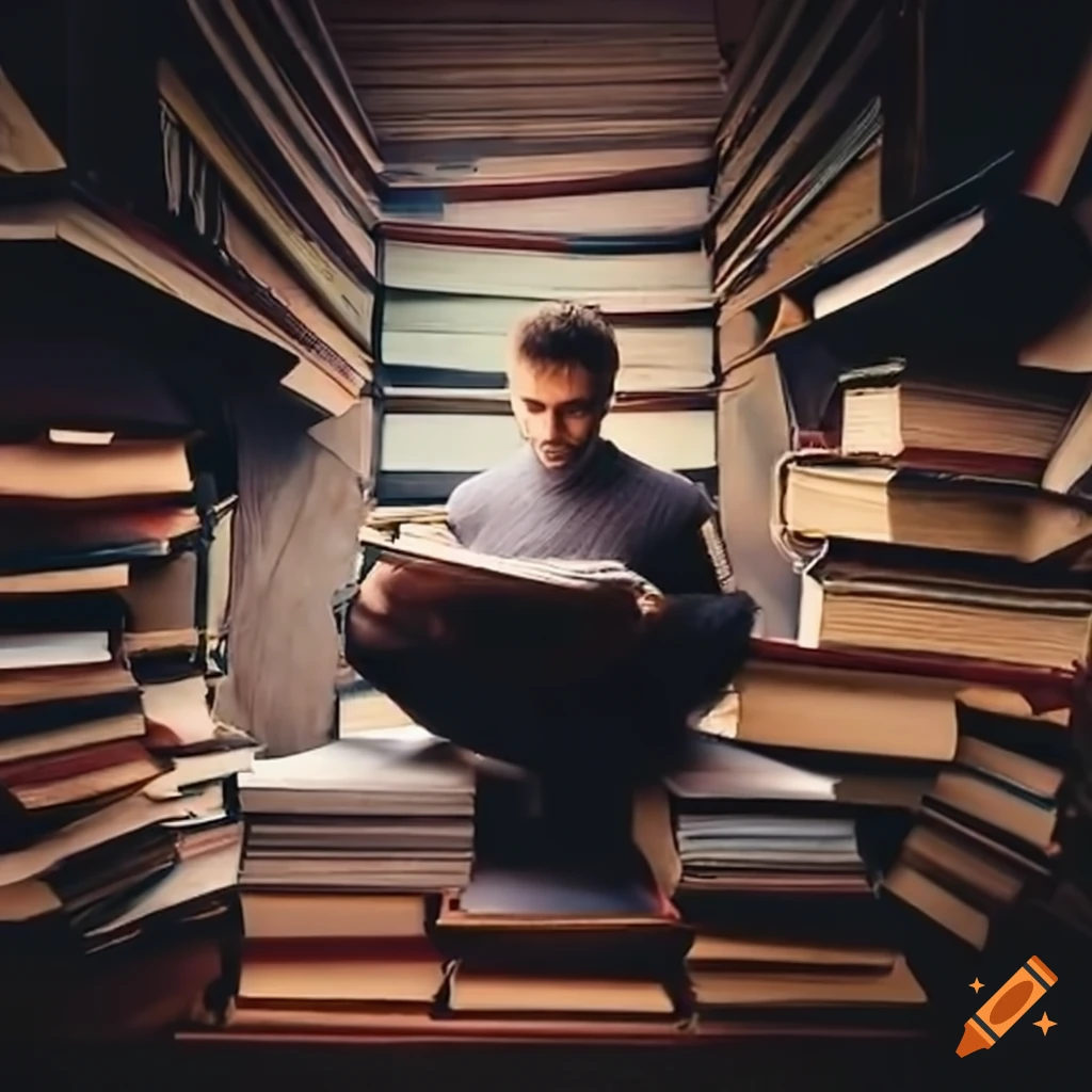 Man surrounded by books on Craiyon