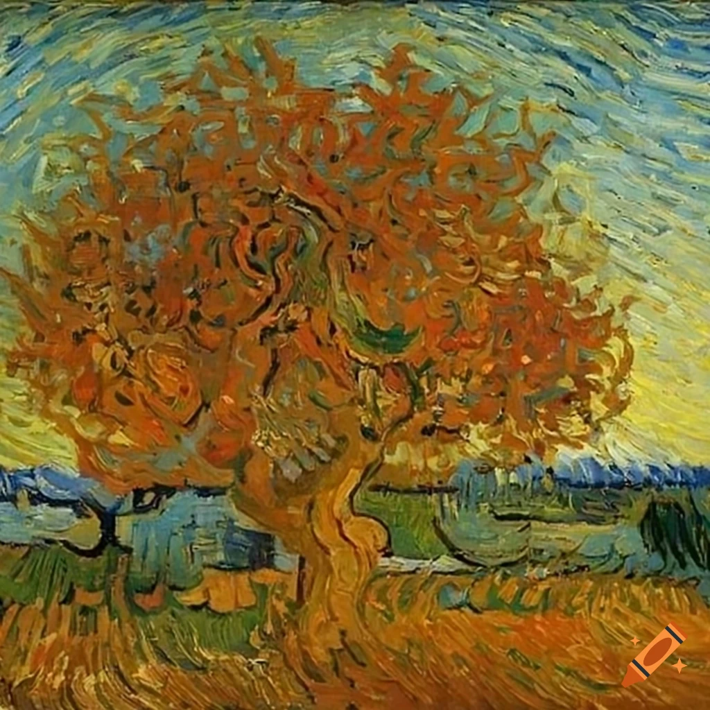 An apple tree during golden hour with fruits painted by vincent van ...