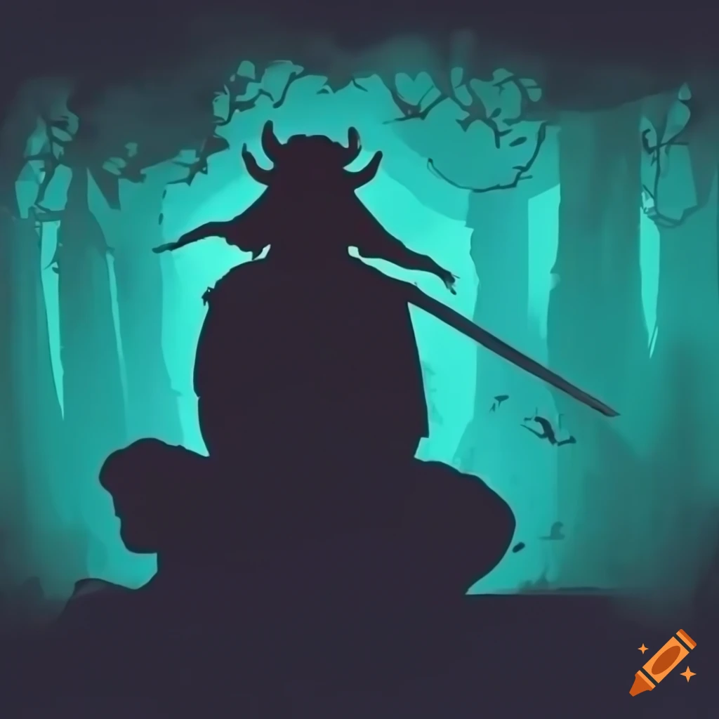 A black silhouette of depressed samurai sitting in the window frame ...