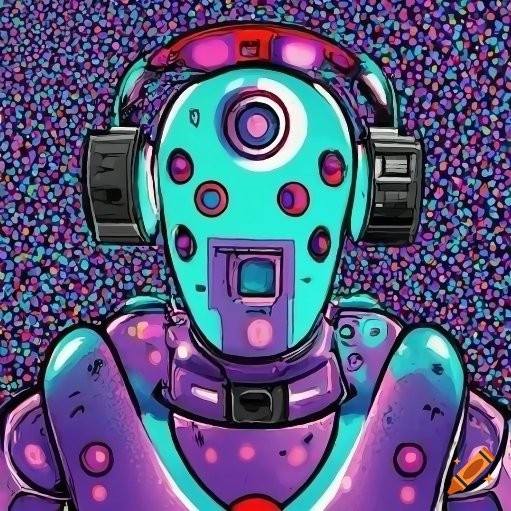 80d 90s sci-fi manga, robot man with headphones, 80s and 90s colours ...