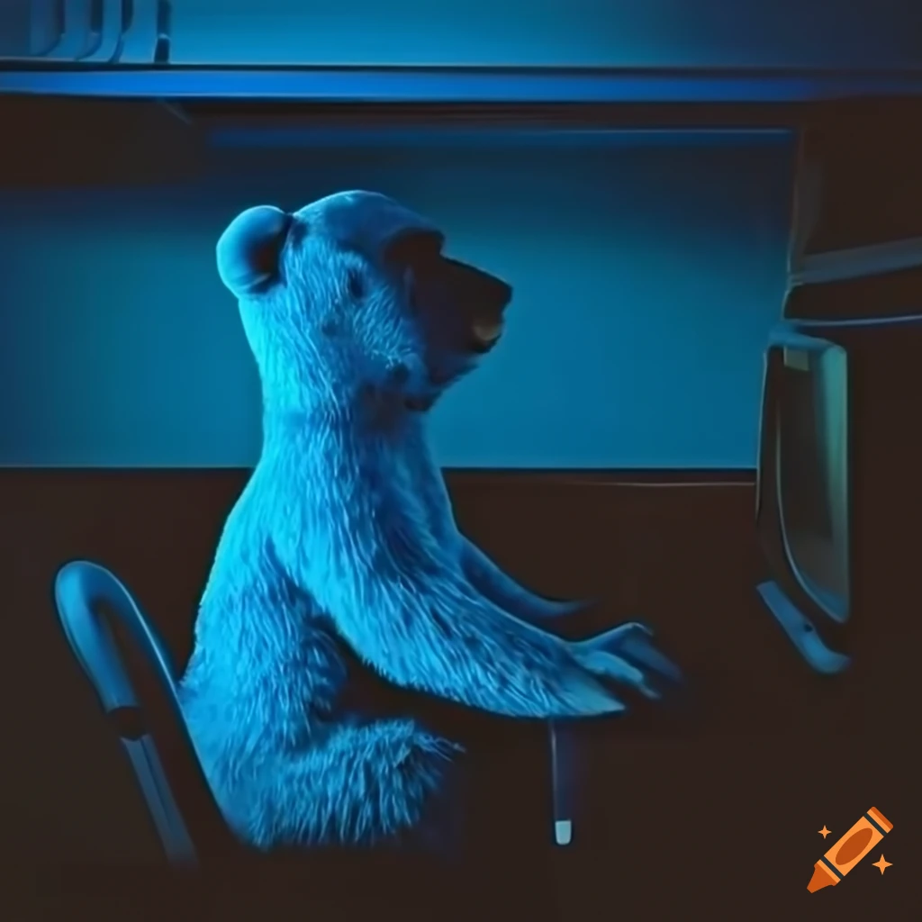Realistic blue bear working on retro computer with oversized glasses in ...
