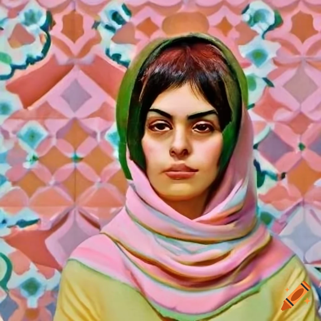 Two-tone Beautiful front facing 1970s young Iranian woman, background of Moroccan tile in White ...