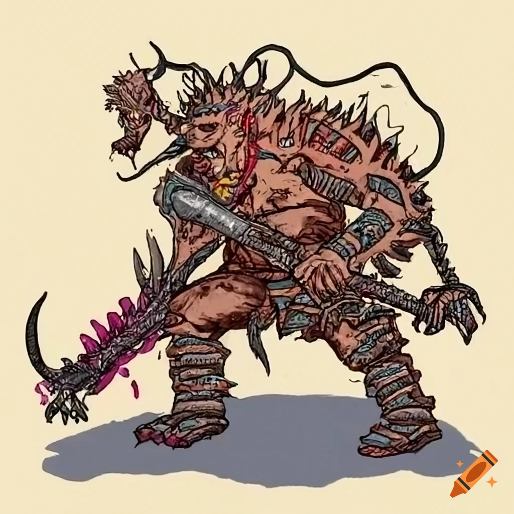 A battle between demons and post-apocalyptic warriors, in the style of ...