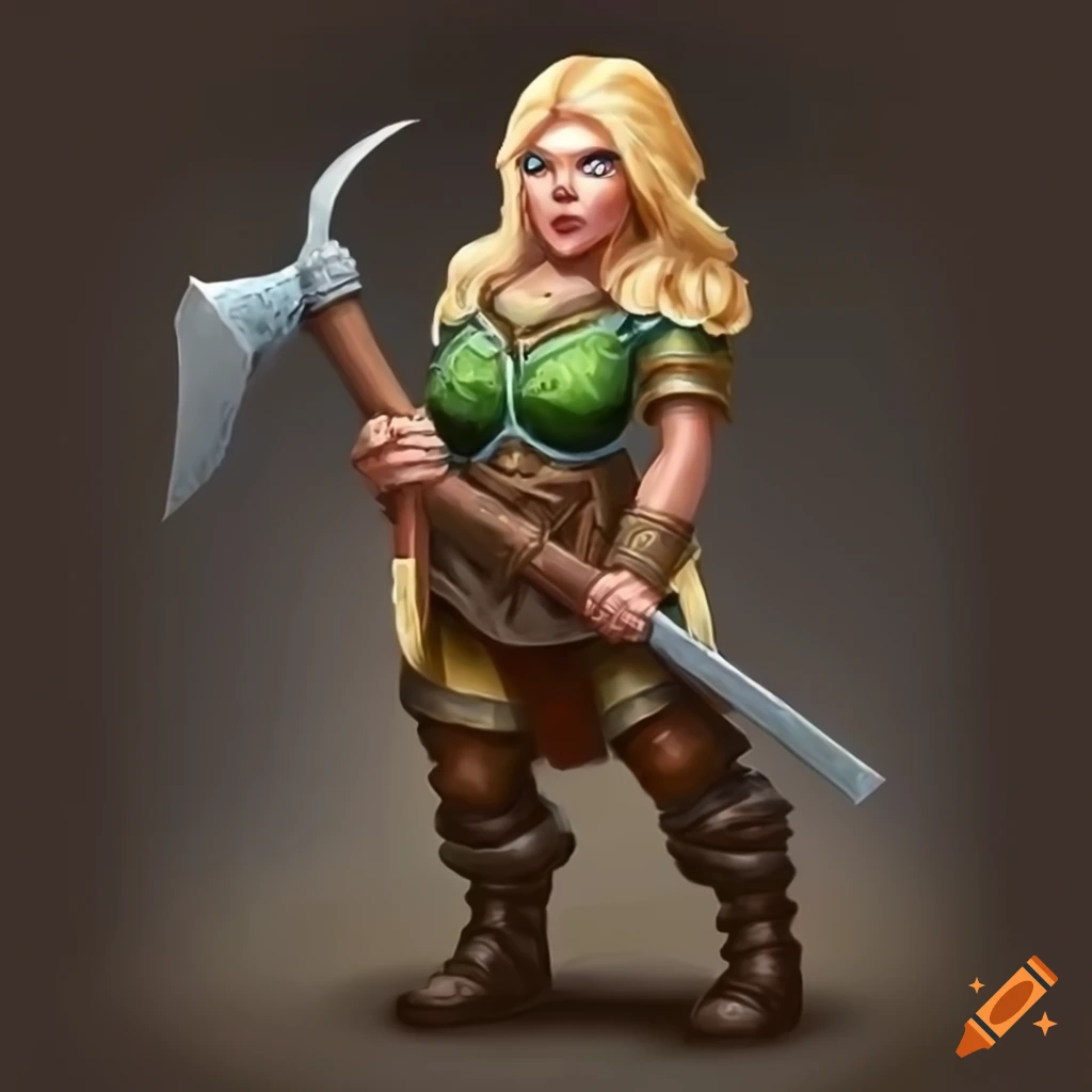 Female dwarf holding pickaxe with blonde hair and blue eyes