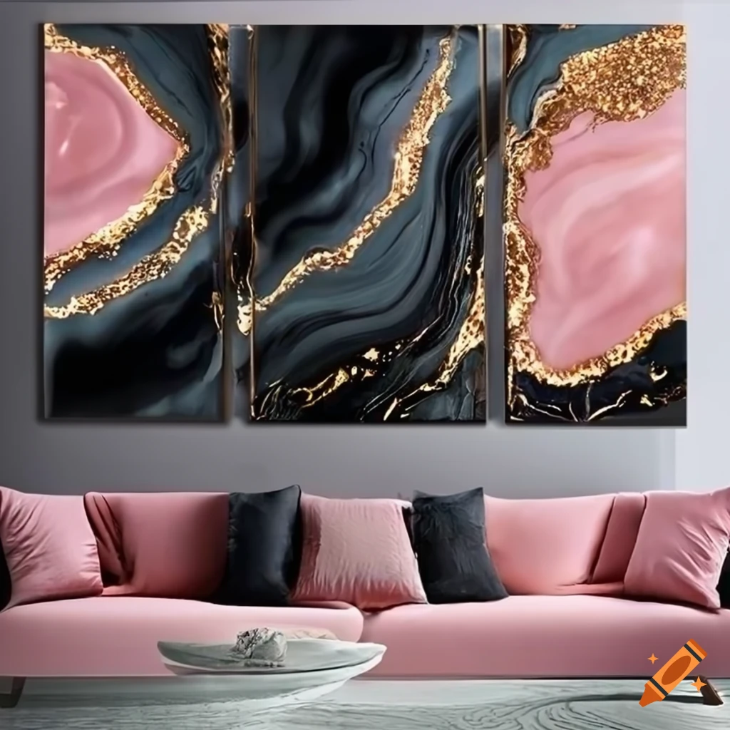 Rose quartz black and gold streaks epoxy resin 3 modular paintings on ...