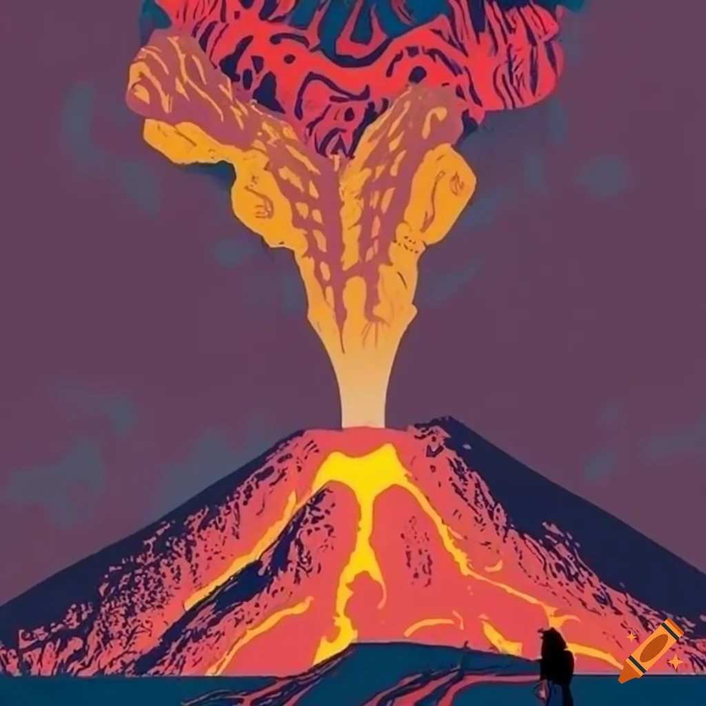 Vibrant art deco volcanic travel poster with tourists and fiery eruption
