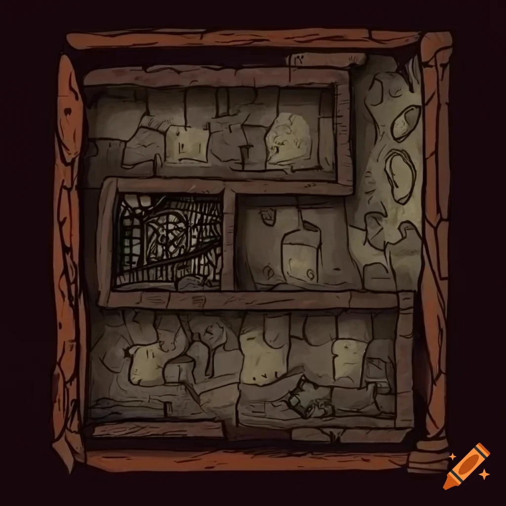 Hand-drawn side view map of a mysterious dungeon with different rooms ...