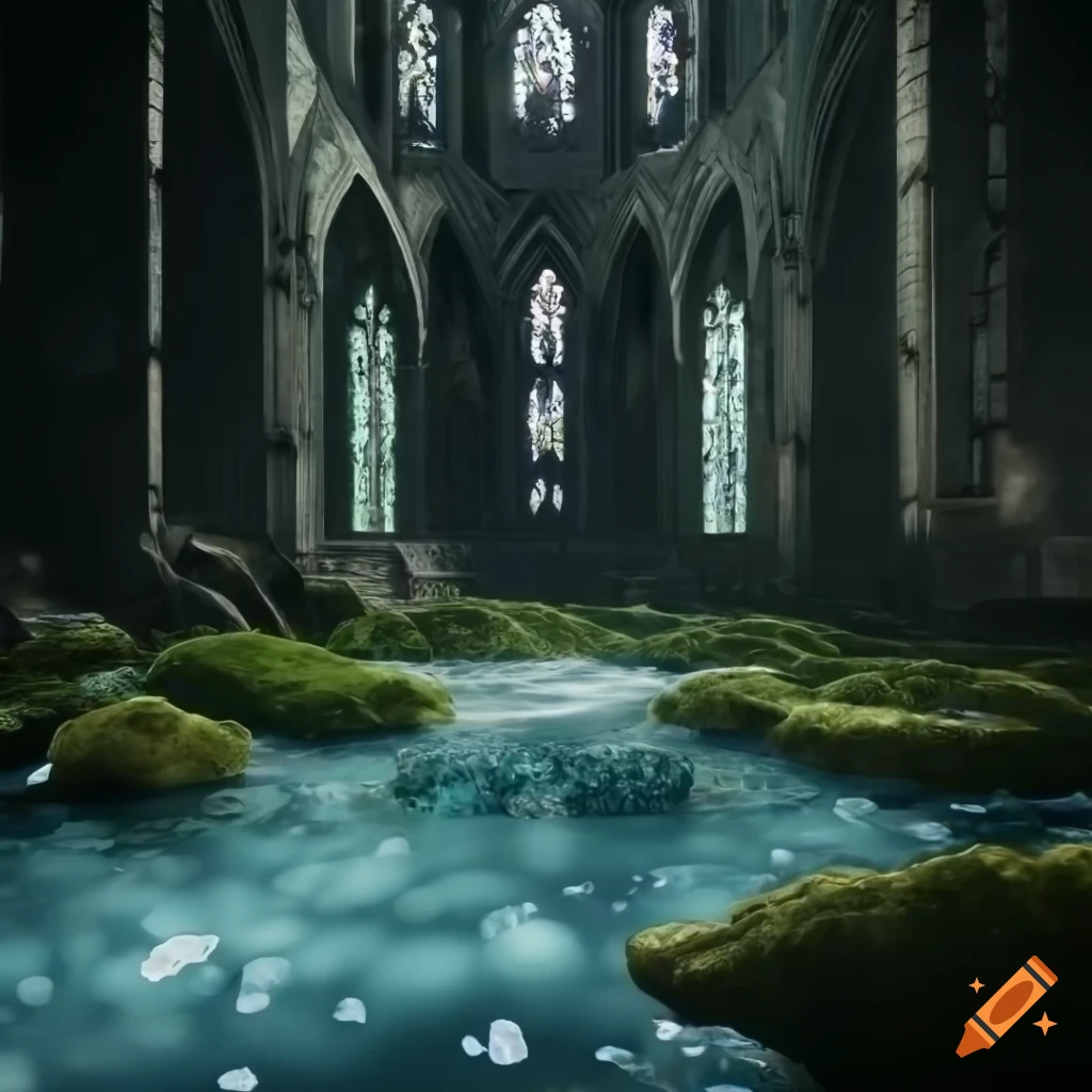A mystic cathedral filled with crystals, pond, stone overgrown with ...