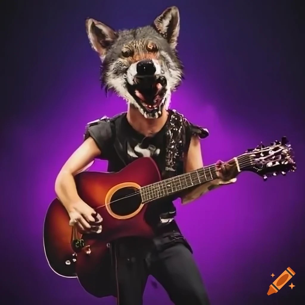A wolf rocking out on stage with a guitar