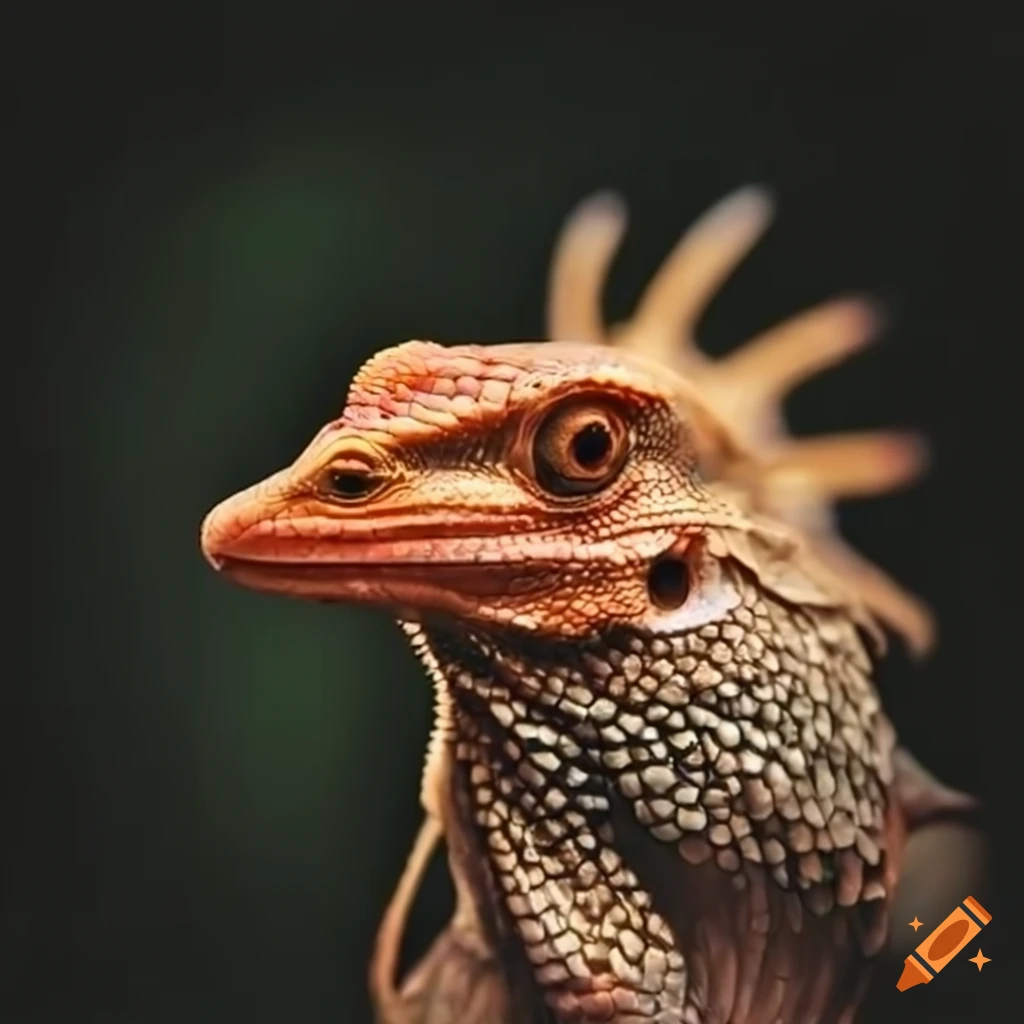A whimsical hybrid lizard with a rooster-like head and feathered hide on Craiyon
