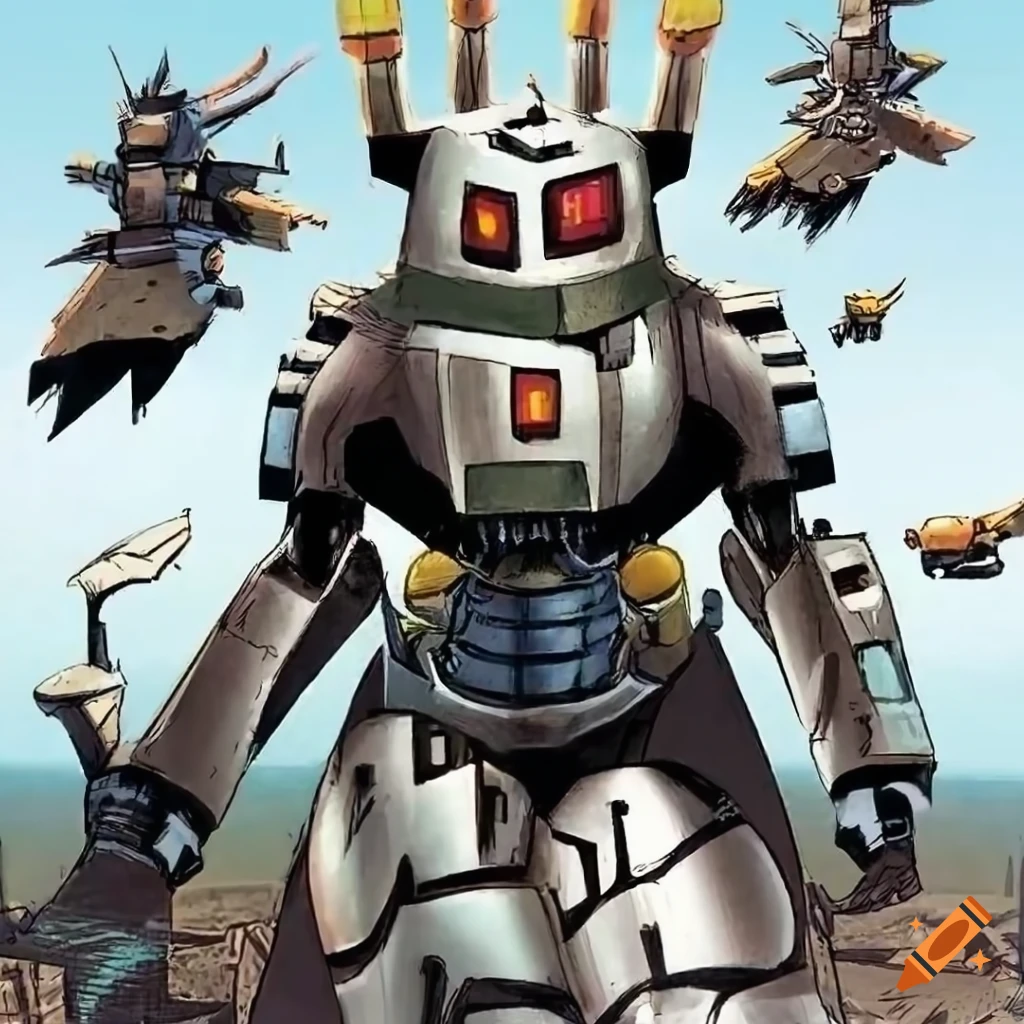 Surreal 70s manga, a robot zebra with winged lightning helmet, in ...