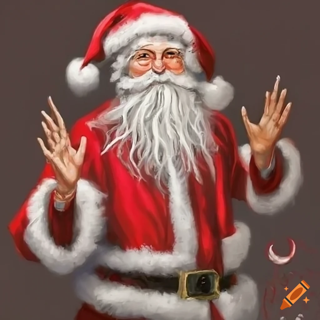 Santa claws spinning with arms outstretched, festive painting