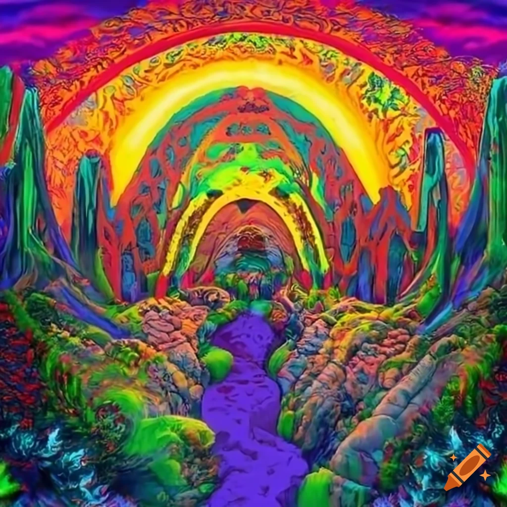 Psychedelic mountain landscape of the battle at gardens gate on Craiyon