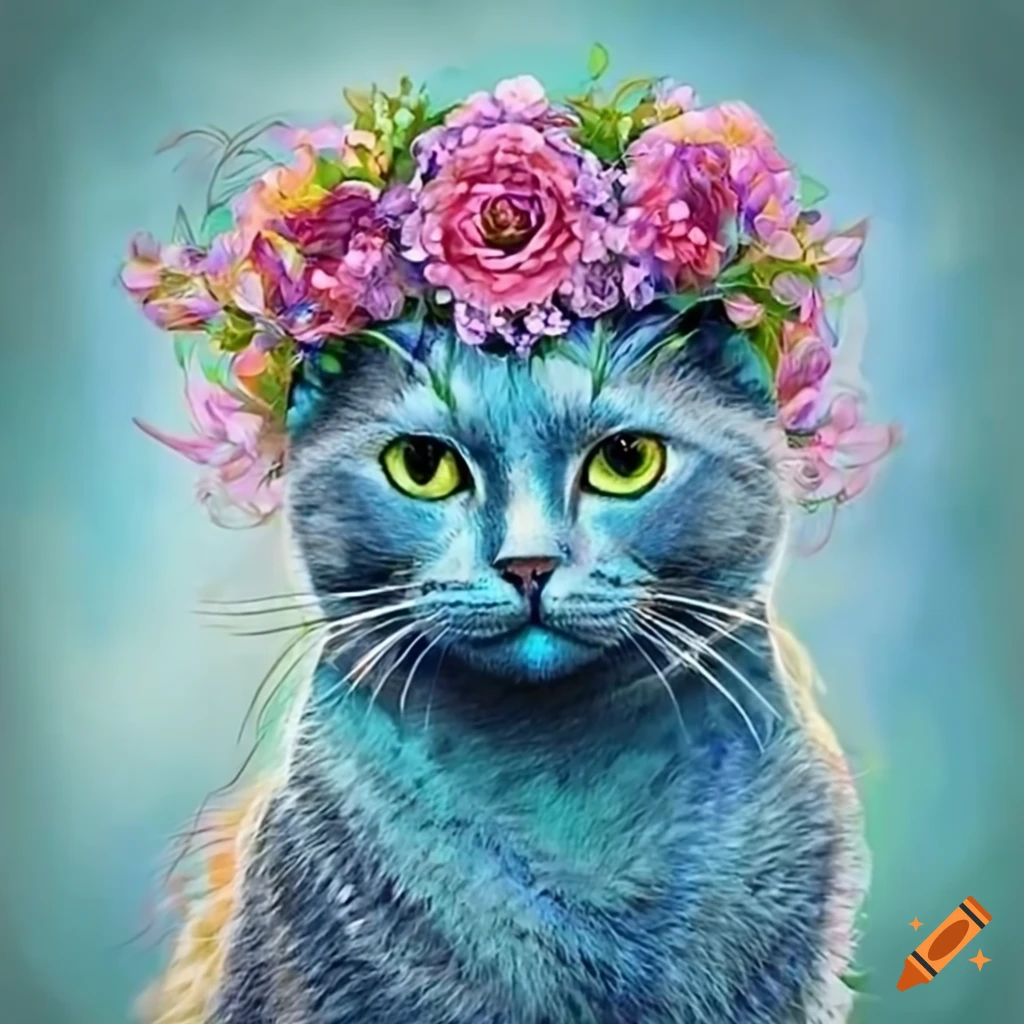 A stunning blue cat posing elegantly with a flower wreath