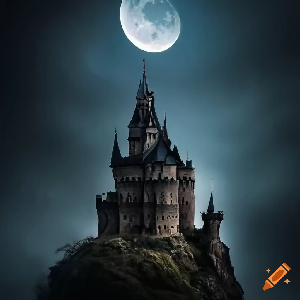 Castle on a sharp cliff dark gothic very tall baroque building with ...