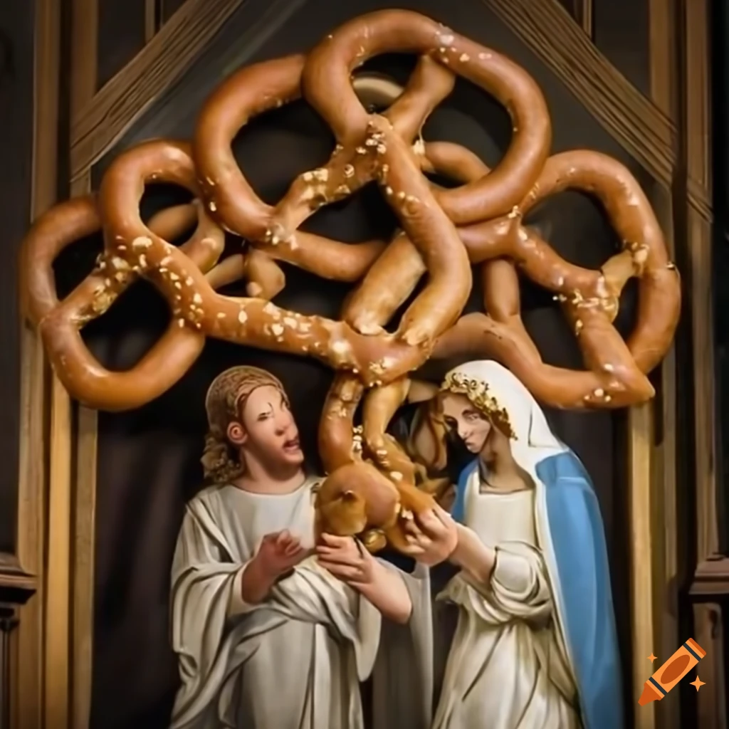 Jesus making pretzels with mary in a church on Craiyon
