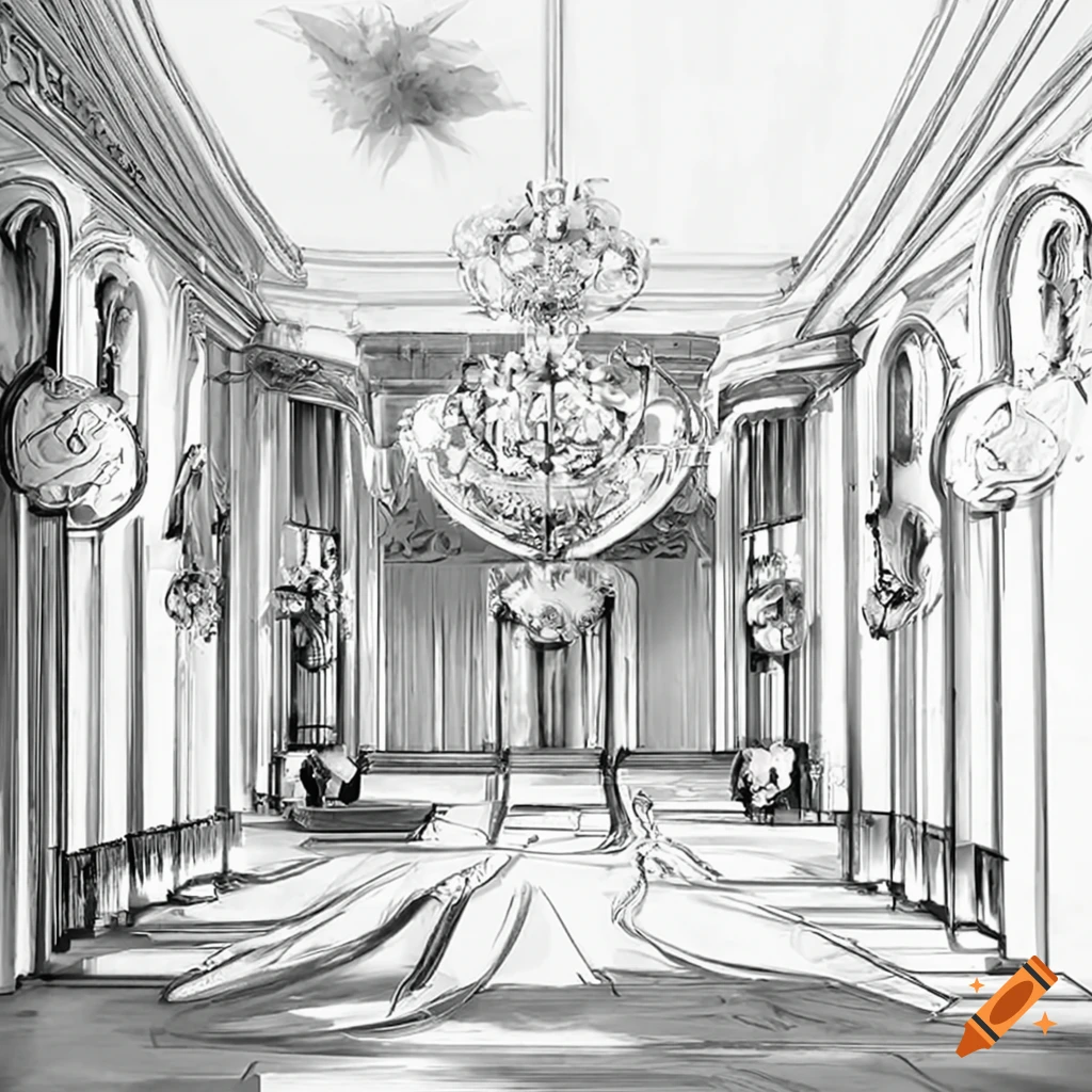 Black and white spacious ballroom within the mansion, featuring high ...