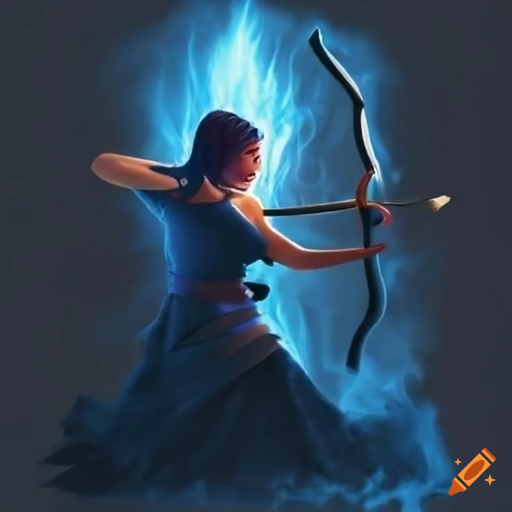 Female archer firing an arrow engulfed in blue flame on Craiyon