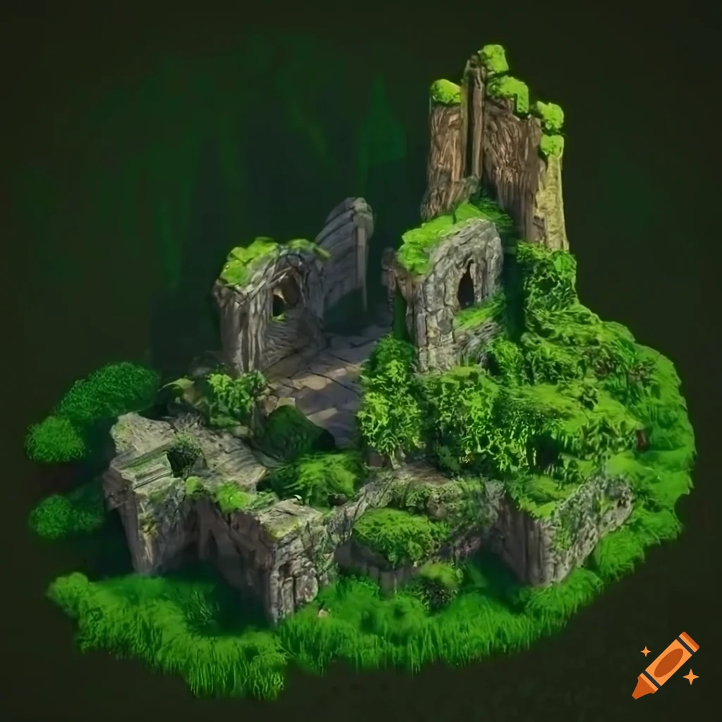 A moss-covered stone ruins in a fantasy RPG game forest fantasy grass texture isometric view ...