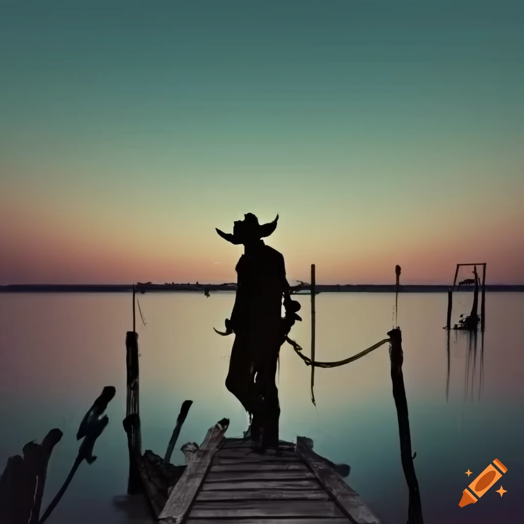 Cowboy silhouette at the end of a dilapidated wharf on Craiyon