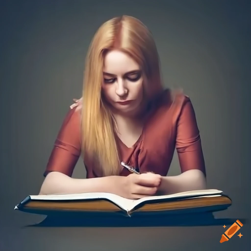 Writing a blond woman sitting and writing with fountain pen in big book