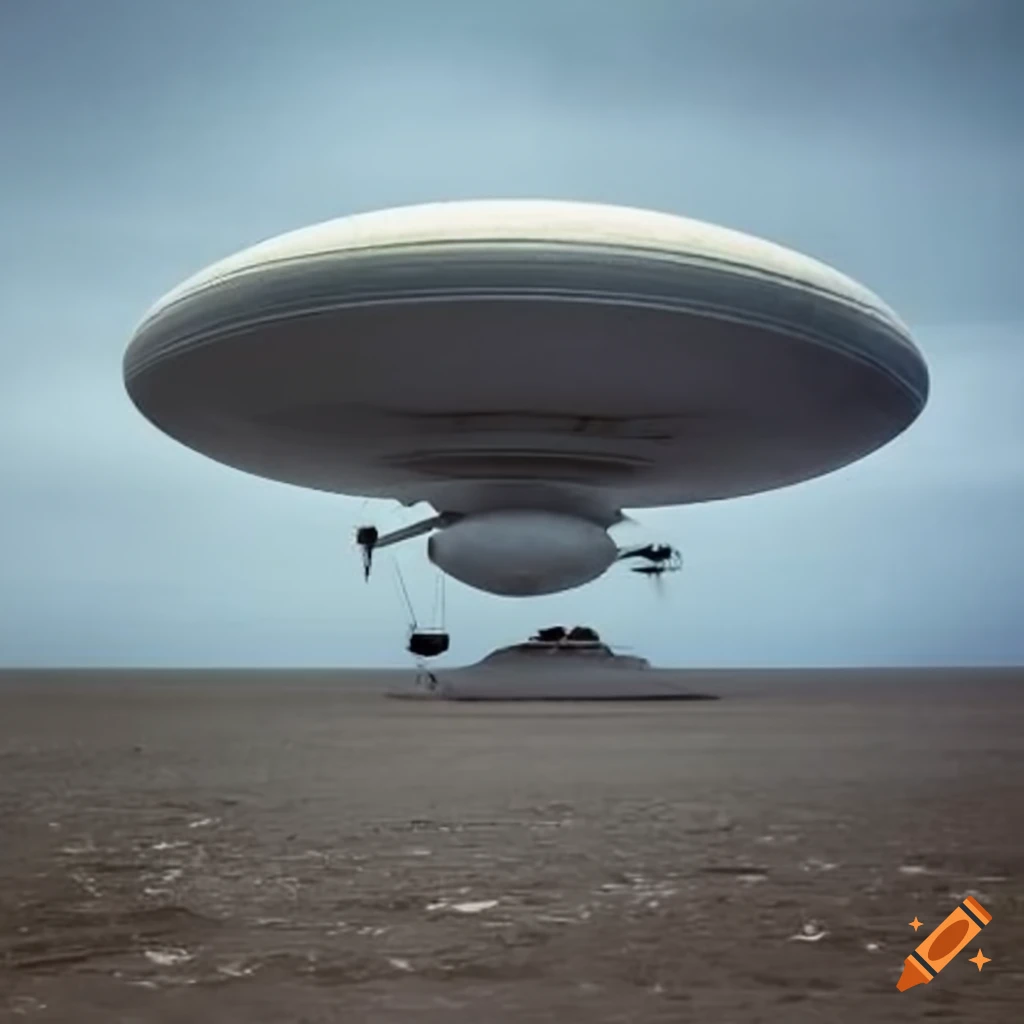 Flying saucer, oval, on a small island, larger than the island, ufo ...