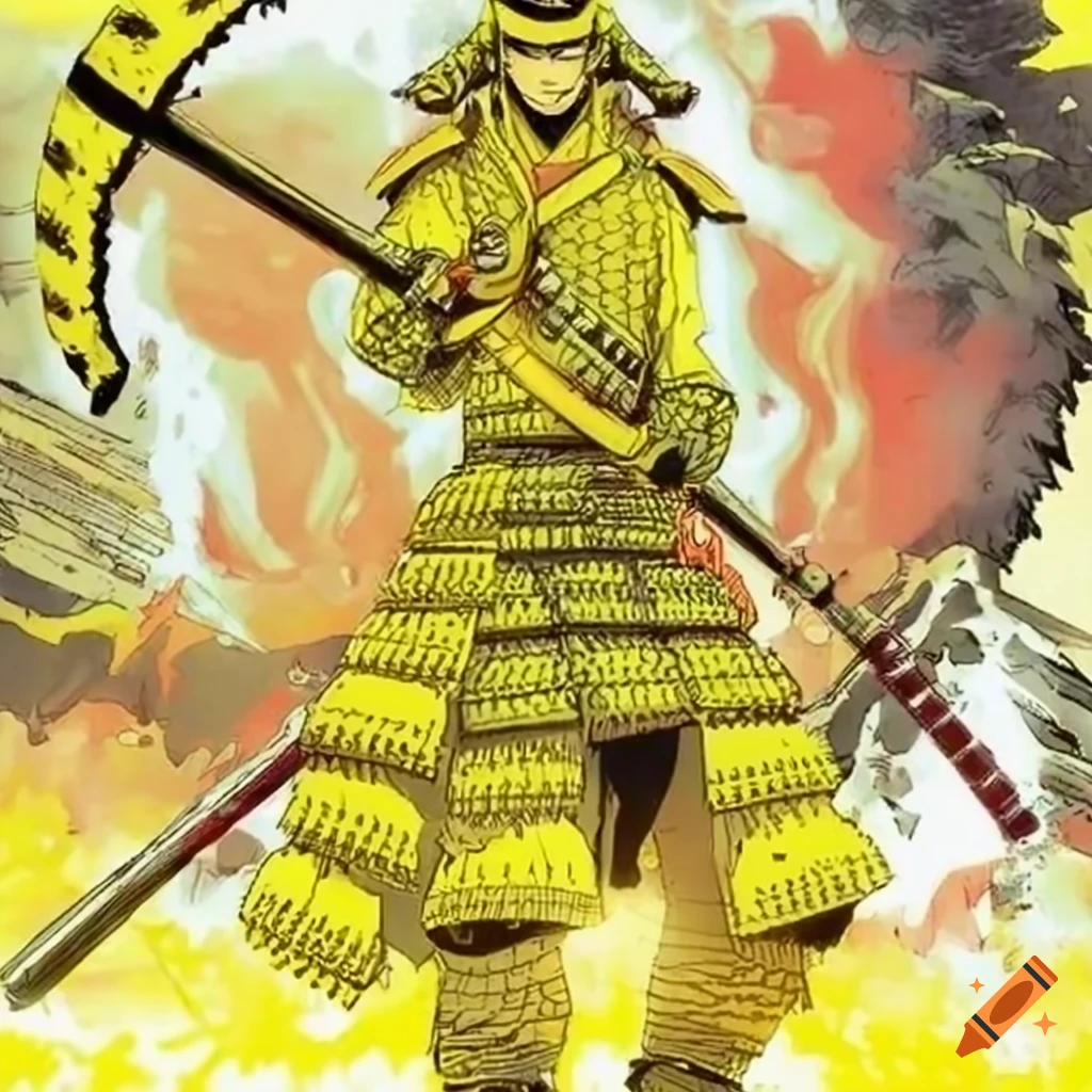 Cover art of a manga featuring a yellow samurai slime on Craiyon