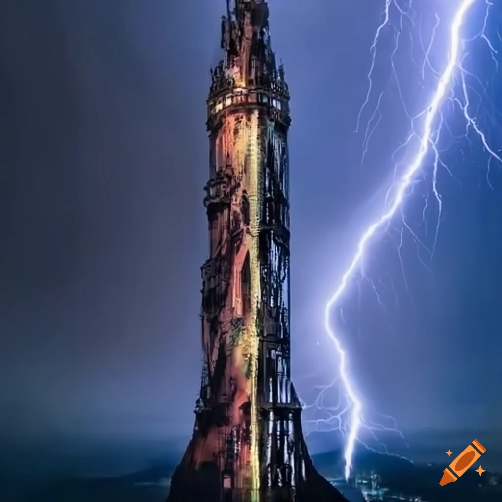 Infinitely tall tower with lightning around it and god is watching over ...