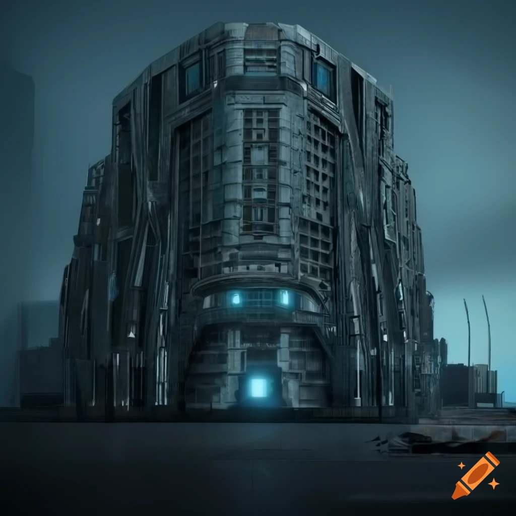 Dystopian scifi future building photorealistic on Craiyon