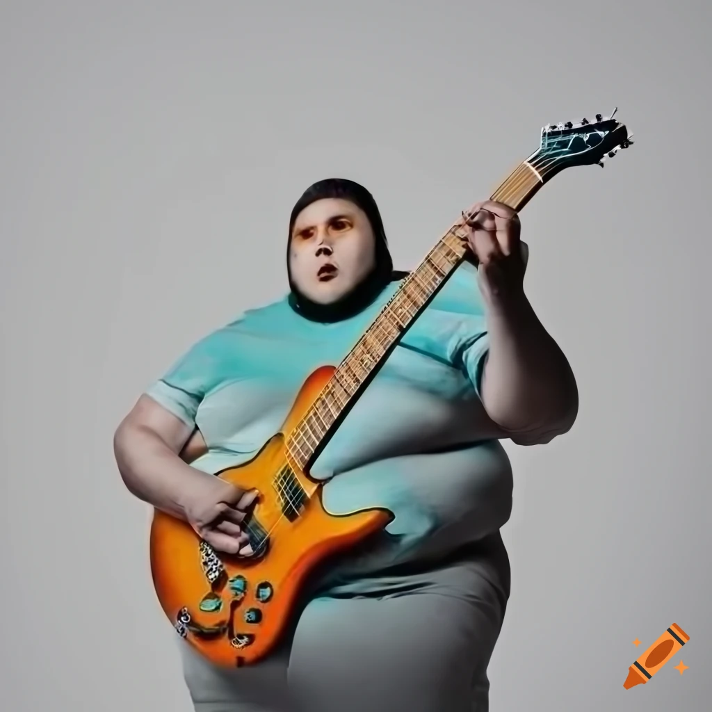 Extremely fat GUITAR PLAYER PLAYS energic solo, psychedelic photo ...