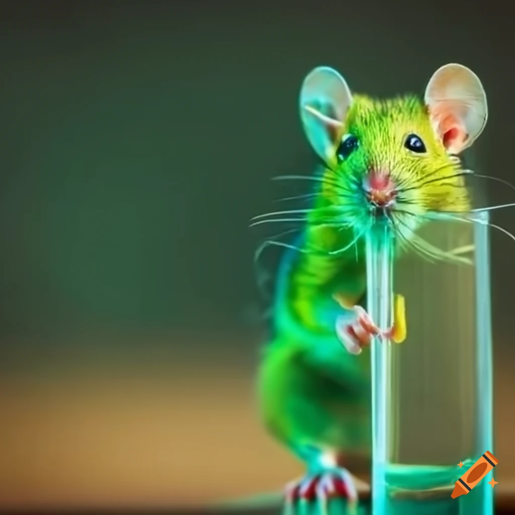 Green mouse examining glass test tubes in a laboratory