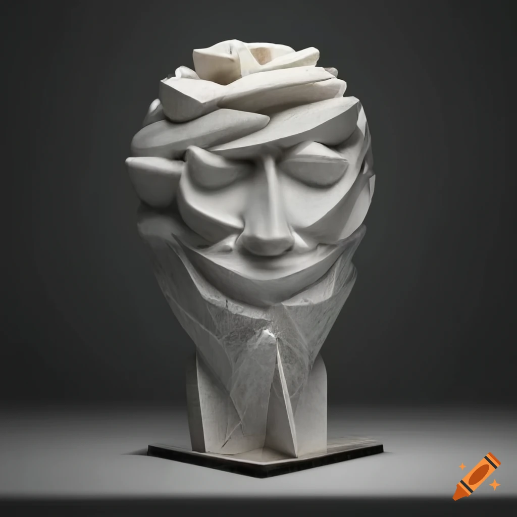 Surreal geometric marble sculpture of a human face being transported to another dimension atom ...