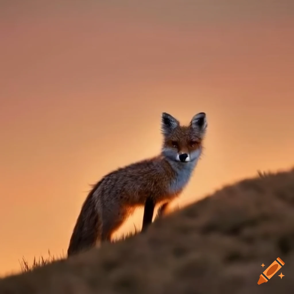 A lone fox stands atop a hill, looking out towards the horizon as the ...