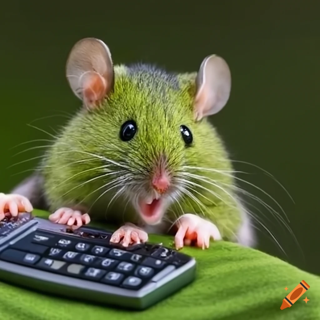 A cheerful green mouse holding a calculator