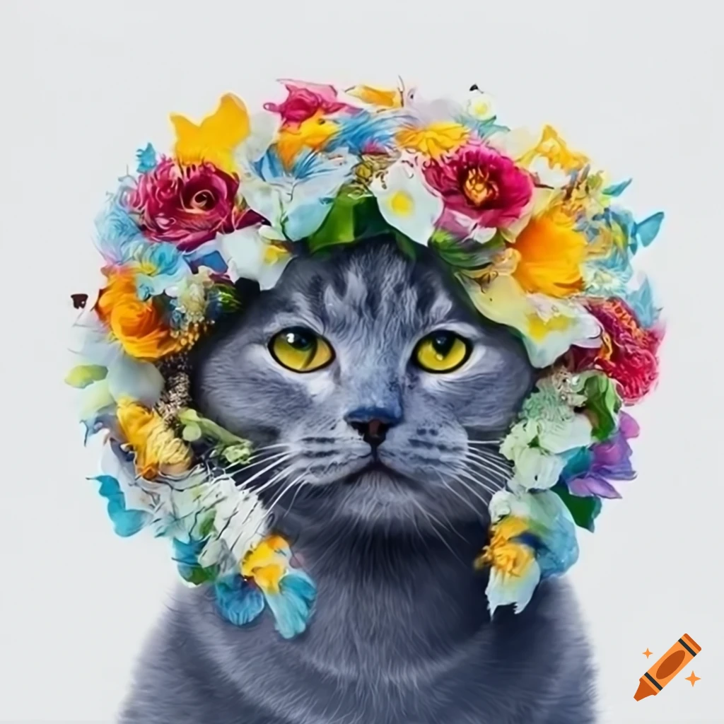 Hyperrealistic blue cat with a flower wreath on white background