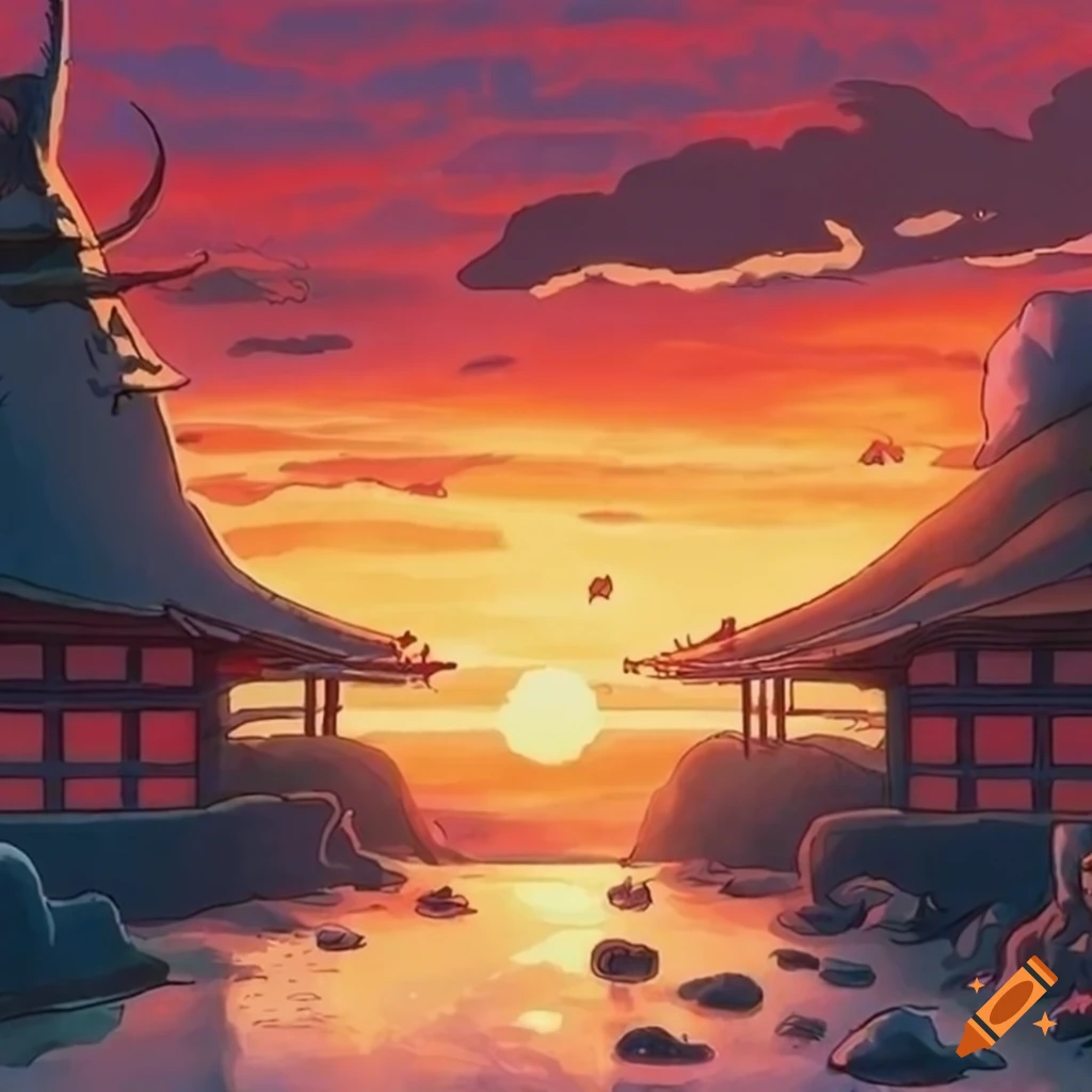 Studio ghibli traditional japanesse sunset in a wallpaper size on Craiyon