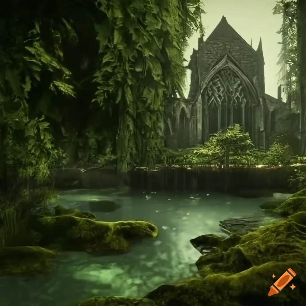 A mystic cathedral made of stone overgrown with moss with flowing water, filled with crystals ...