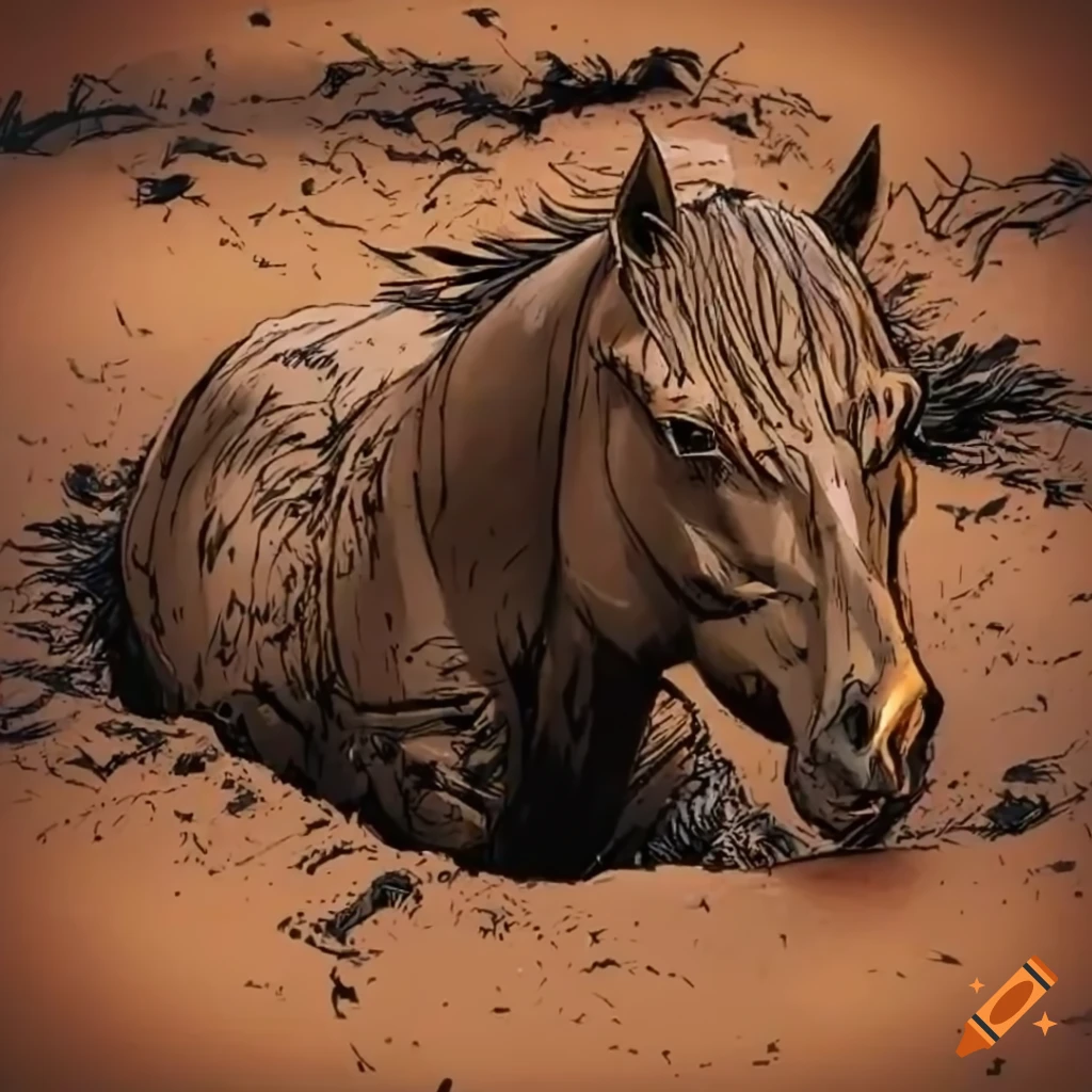 Manga horse peacefully sinking into wet mud in a muddy brown sinkhole ...