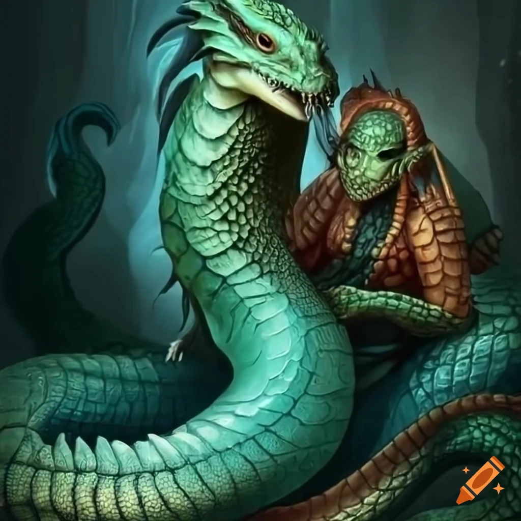 Alluring reptile ophidian naga embracing a reptilian lizardfolk ...