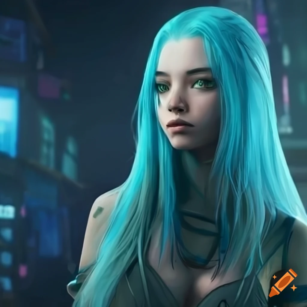 Girl with long cyan hair in cyberpunk world on Craiyon