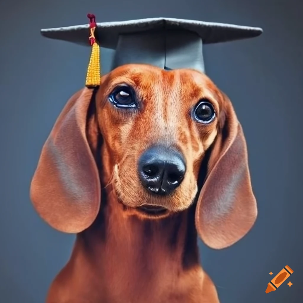 Graduated red standard dachshund with diploma on Craiyon