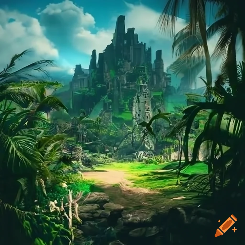 Fantasy tropical island with city ruins and wild plant life and ...
