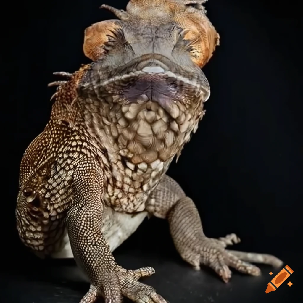 A whimsical hybrid lizard with a rooster-like crested head and feathered hide on Craiyon