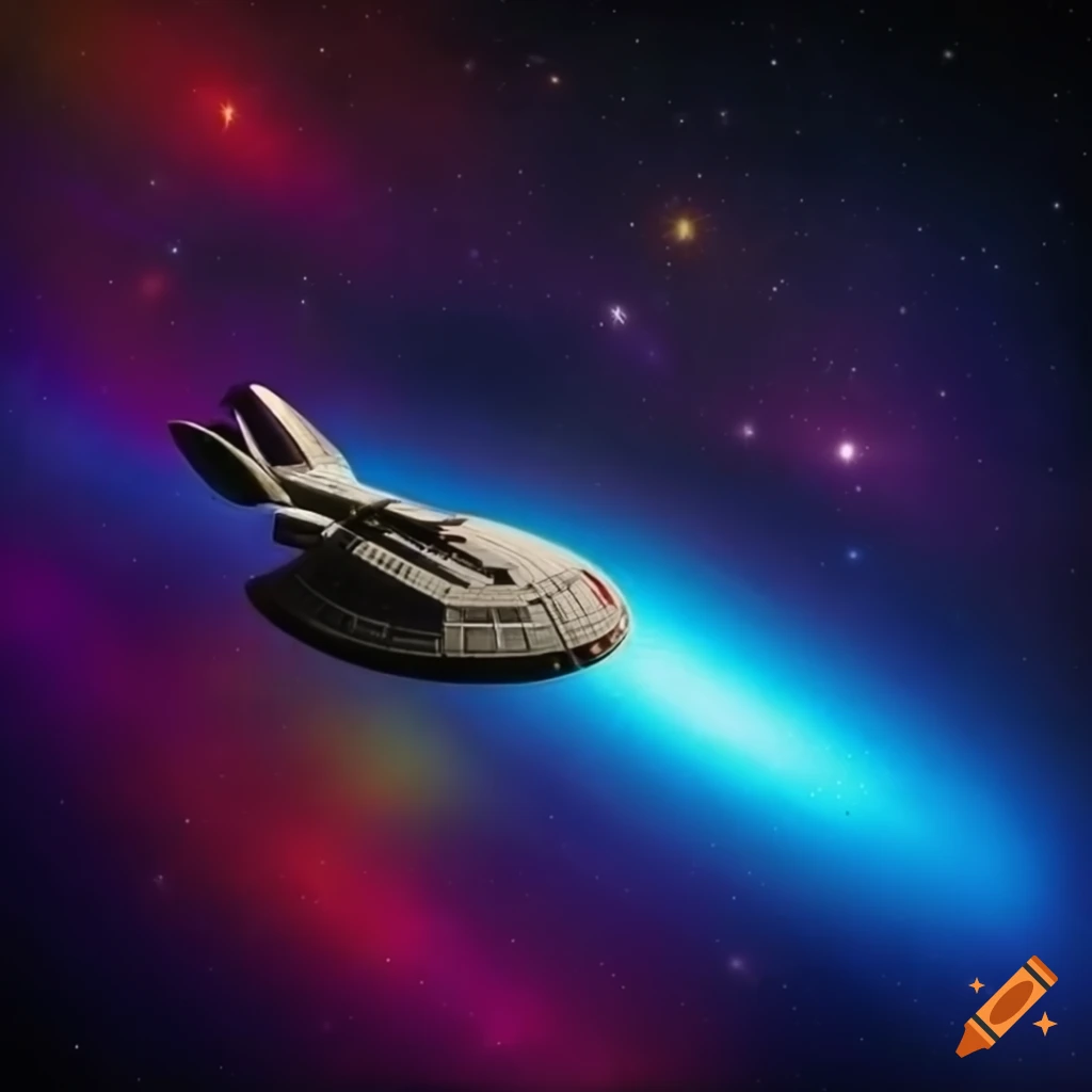 The starship enterprise on a cosmic rainbow space background