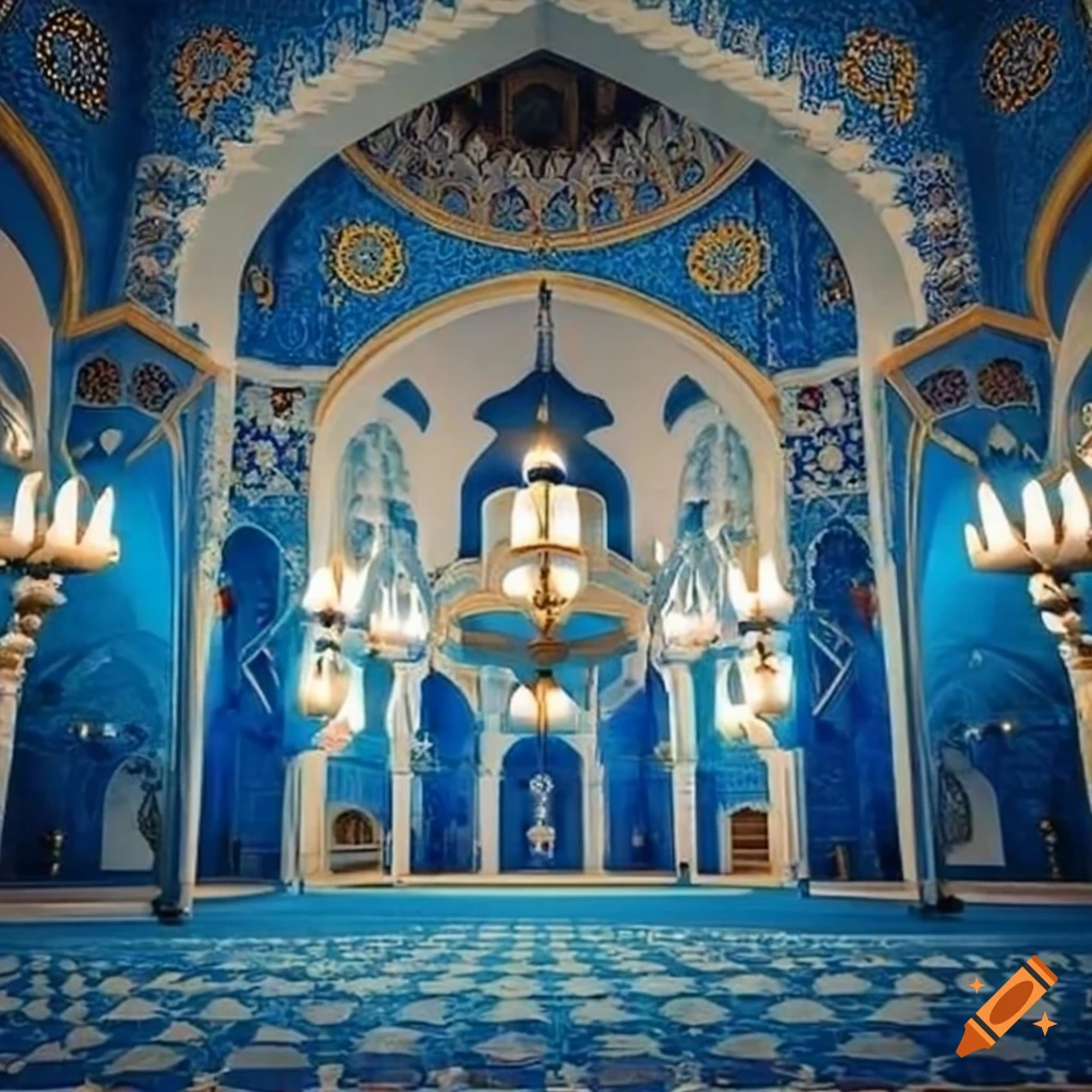 Extravagant interior of a mosque blue and white candles