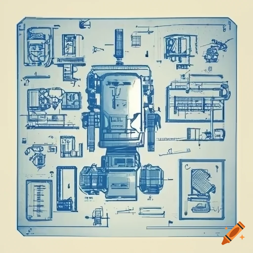 Robot, concept drawing, technical blueprint, retro drafting style ...